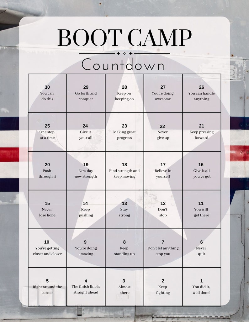 Boot Camp 30-day Daily Countdown Calendar Printable- Daily Affirmations ...