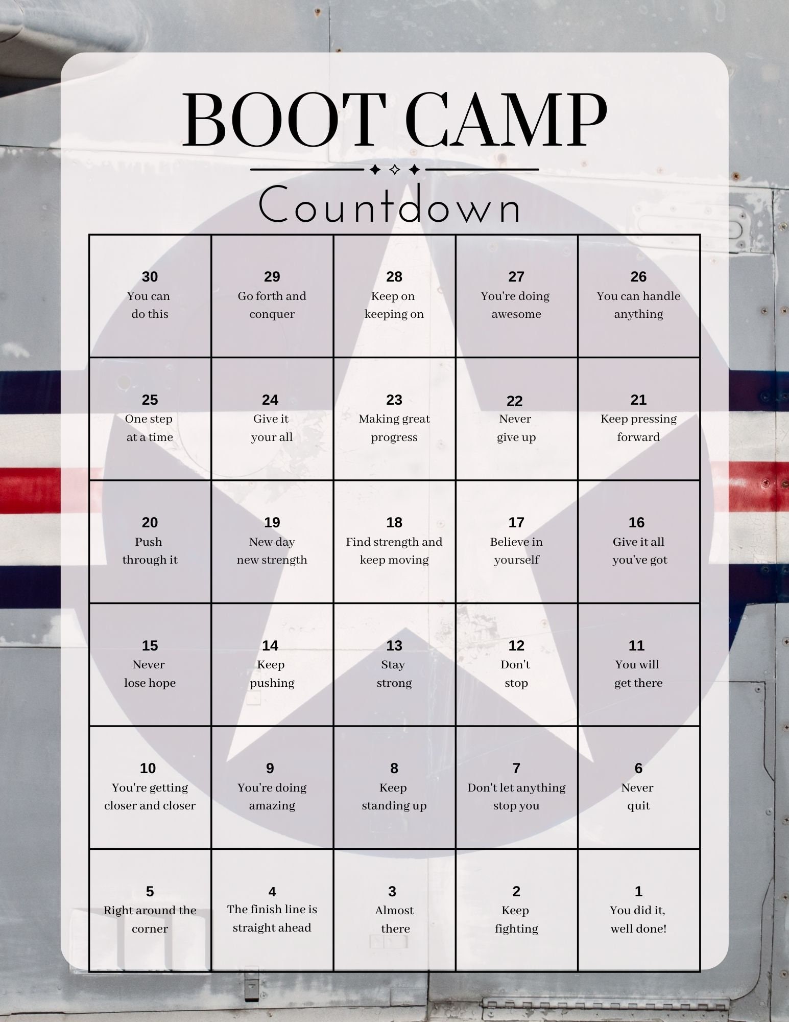 Boot Camp 30-day Daily Countdown Calendar Printable- Daily Affirmations ...
