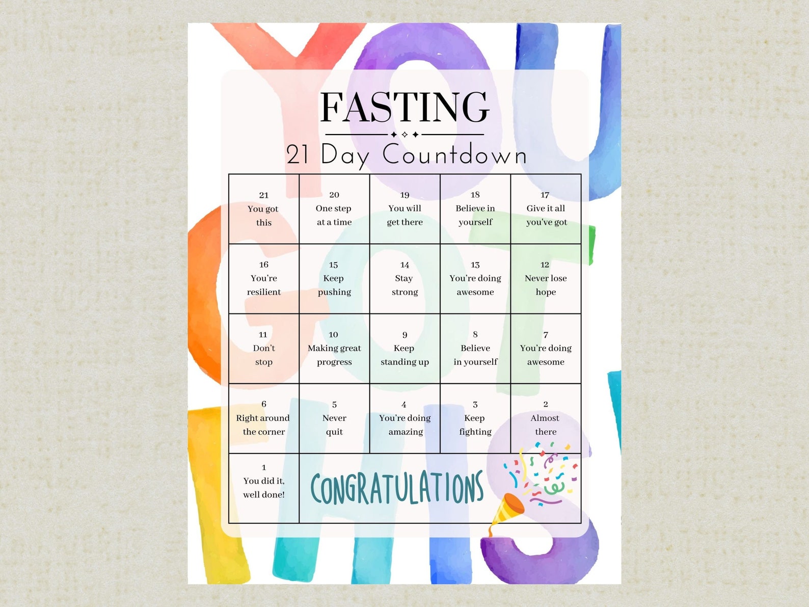 Fasting 21 Day Challenge Countdown Calendar Tracker Printable; Daniel ...