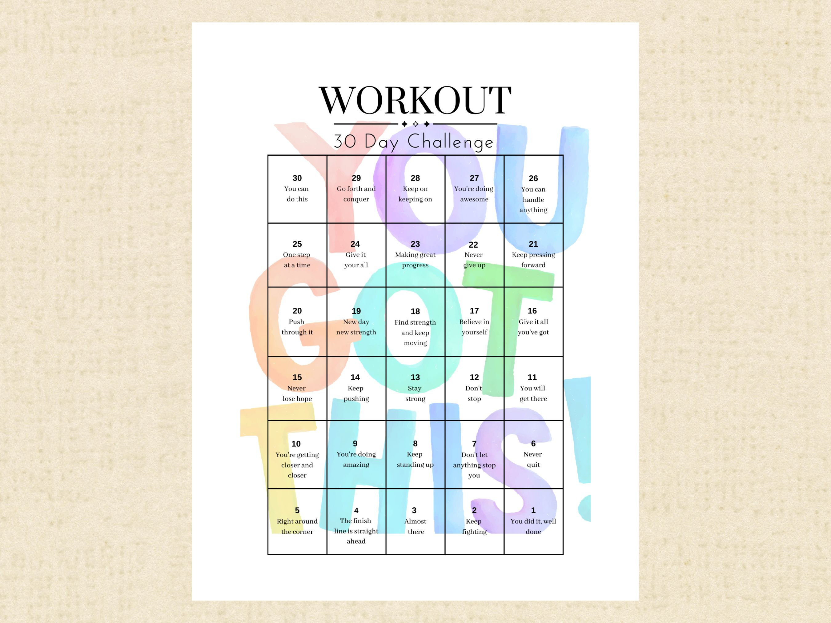 30-day Workout Challenge Daily Countdown Calendar Daily Affirmations ...