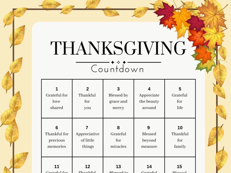 Thanksgiving Countdown Calendar Printable, Daily Quotes of Gratitude ...