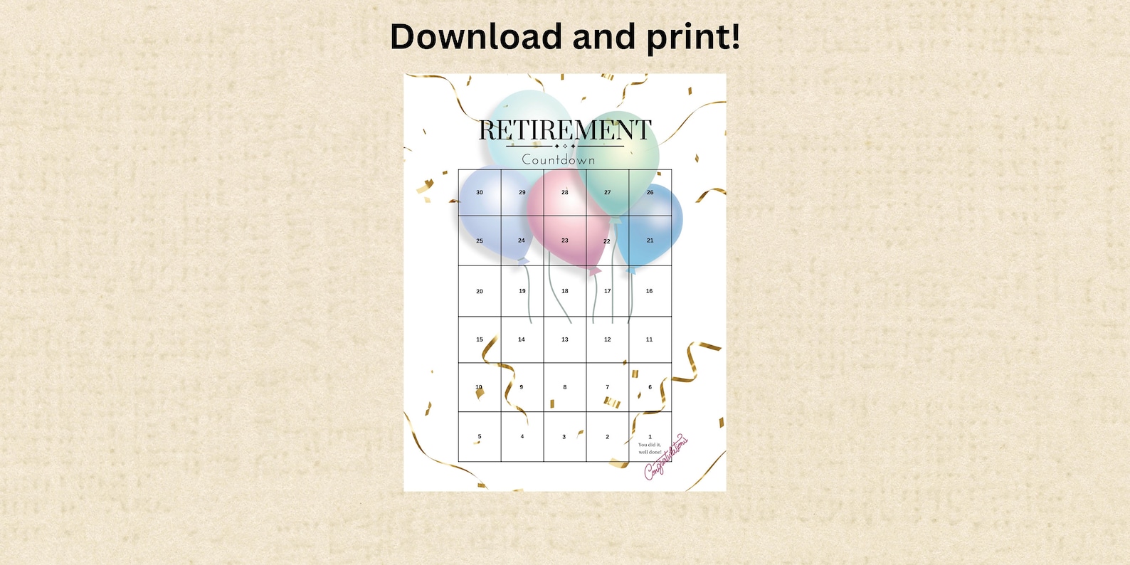 Retirement Countdown Calendar Printable PDF, Retirement Celebration, Retirement Party Ideas ...