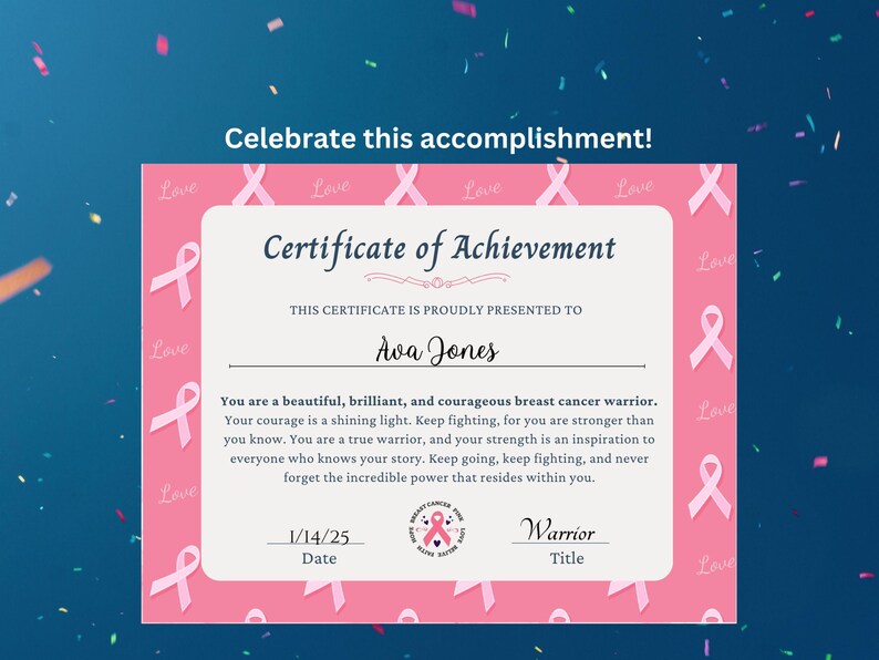 Breast Cancer Survivor Achievement Certificate Printable Journal Care ...