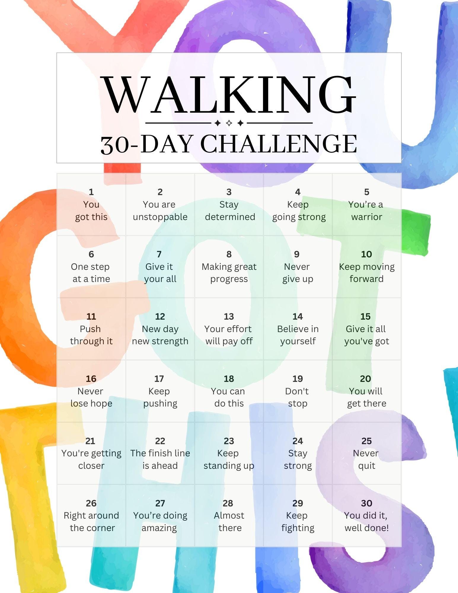 30-day Walking Challenge Countdown Calendar Printable, Walking for ...