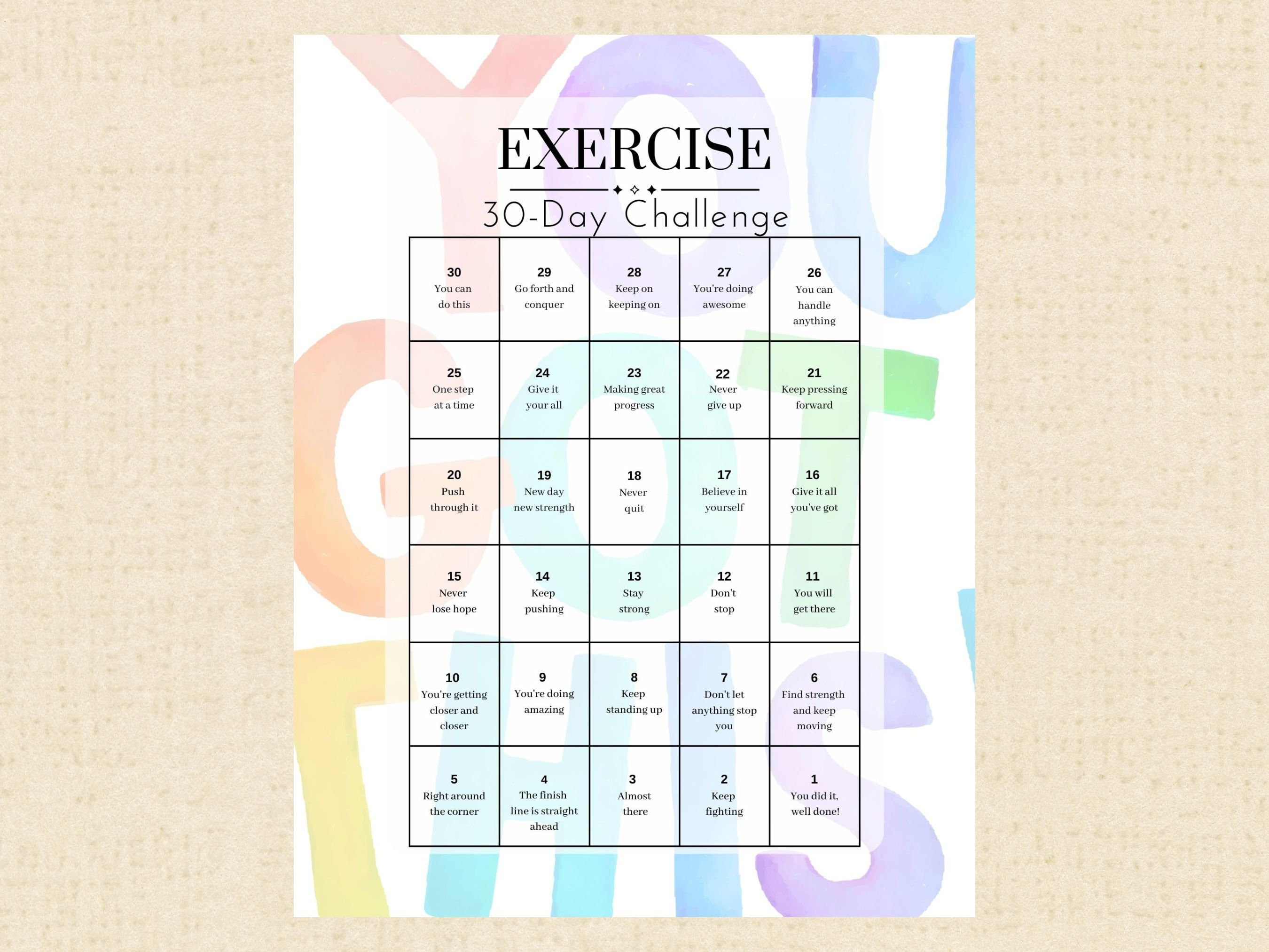 30-day Exercise Challenge Countdown Calendar Printable, Exercise ...