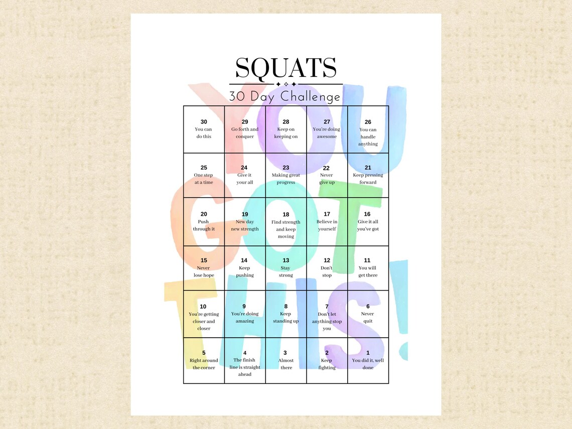 30-day Squats Challenge Daily Countdown Calendar- Daily Affirmations ...