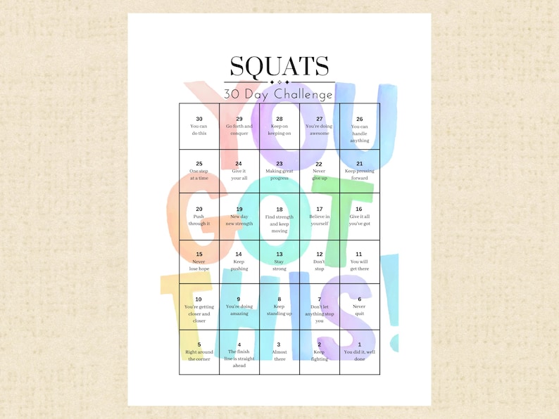 30-day Squats Challenge Daily Countdown Calendar- Daily Affirmations ...