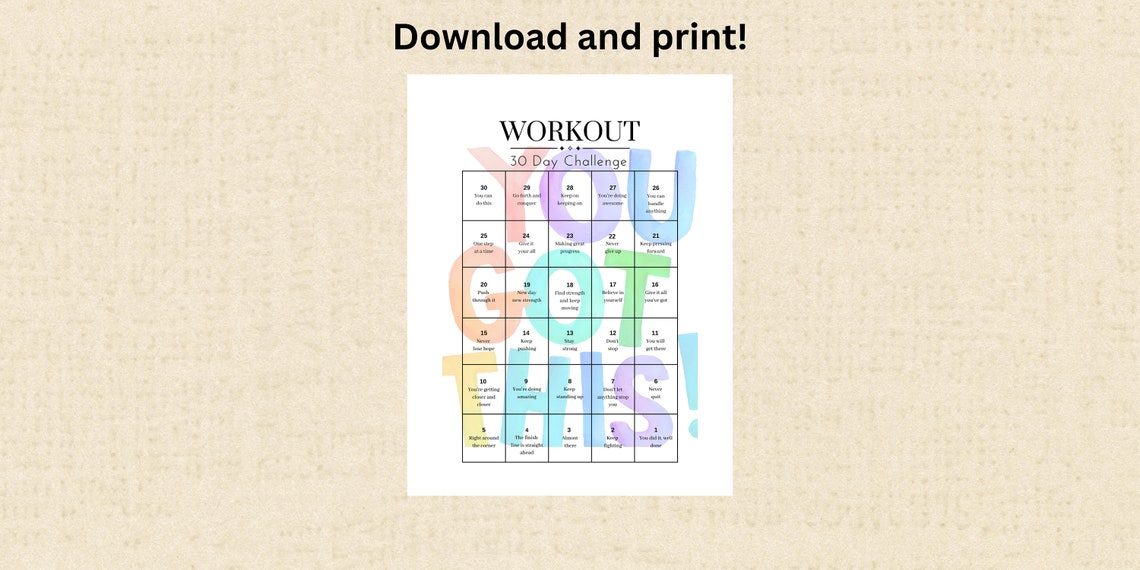 30-day Workout Challenge Daily Countdown Calendar Daily Affirmations ...