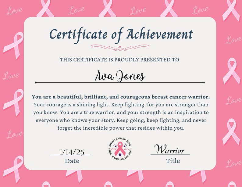 Breast Cancer Survivor Achievement Certificate Printable Journal Care ...