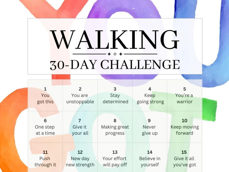30-day Walking Challenge Countdown Calendar Printable, Walking for ...
