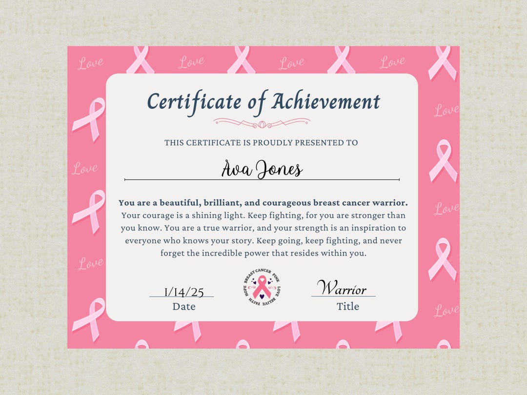 Breast Cancer Survivor Achievement Certificate Printable Journal Care ...