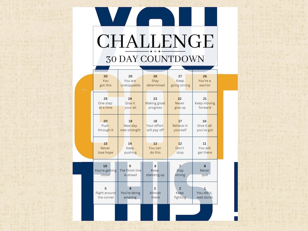 30-day Challenge Countdown Crush Your Goals Calendar Printable- Daily ...