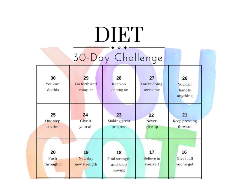 30-day Challenge Diet Countdown Calendar Printable - Daily Affirmations ...