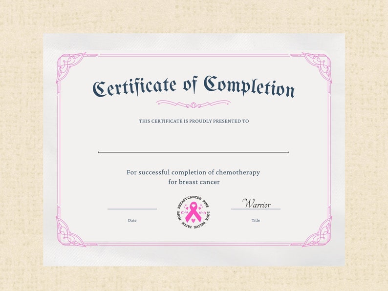 Breast Cancer Chemo Treatment Completion Certificate - Instant Download ...