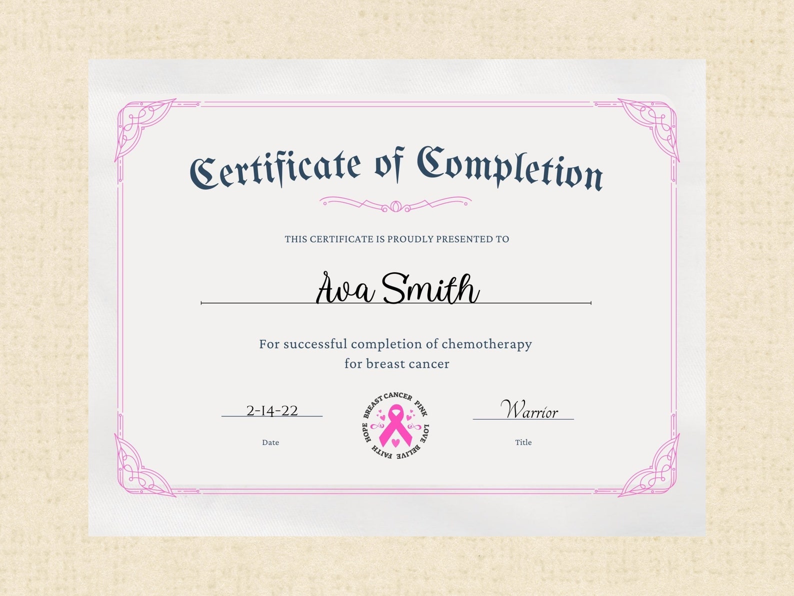 Breast Cancer Chemo Treatment Completion Certificate - Instant Download ...