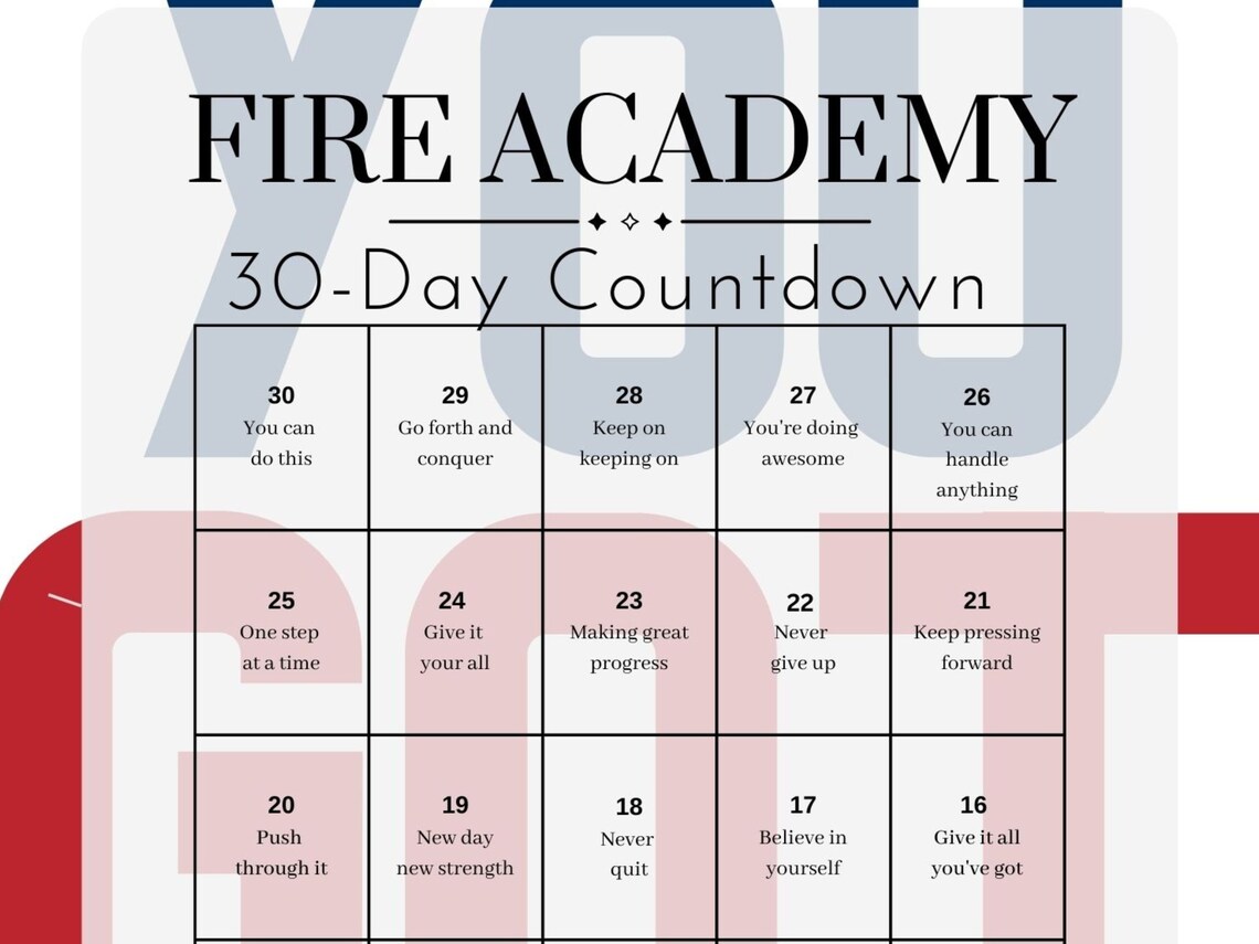 Fire Academy 30-day Daily Countdown Calendar Printable, Firefighter ...