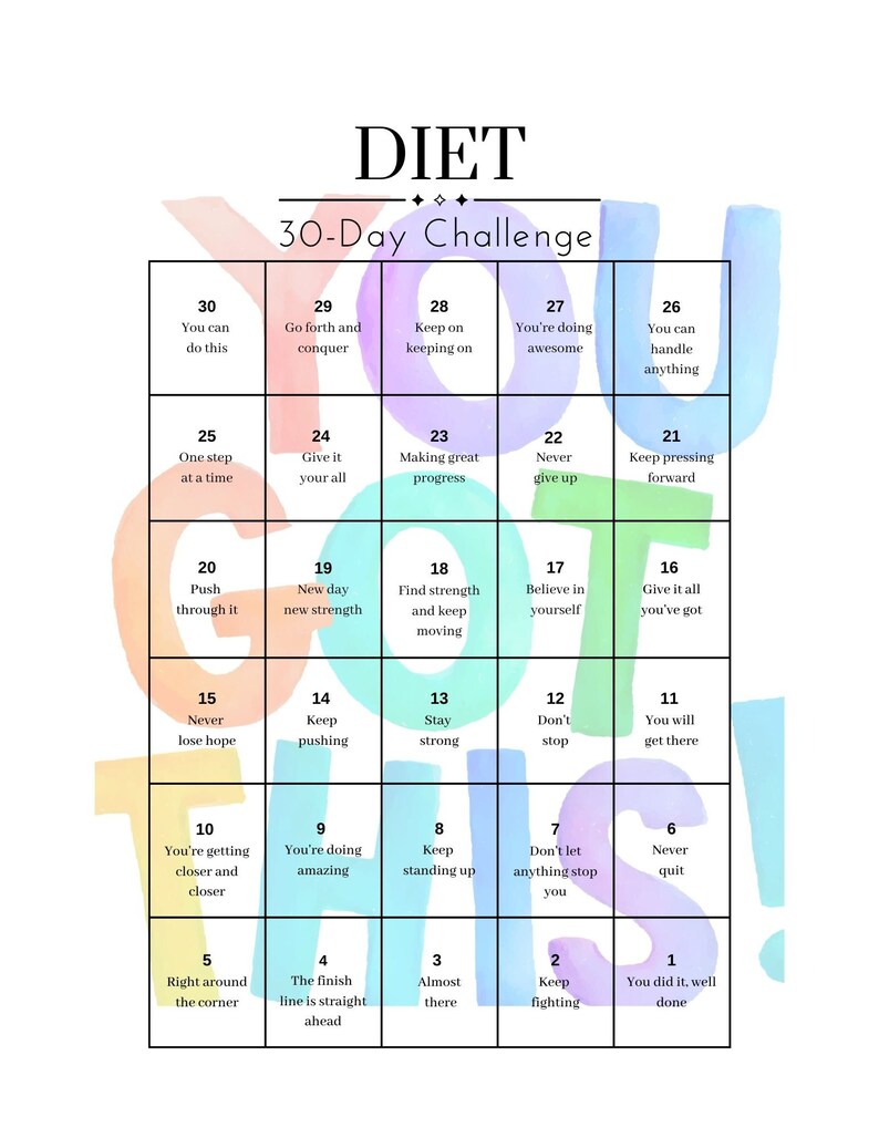 30-day Challenge Diet Countdown Calendar Printable - Daily Affirmations ...