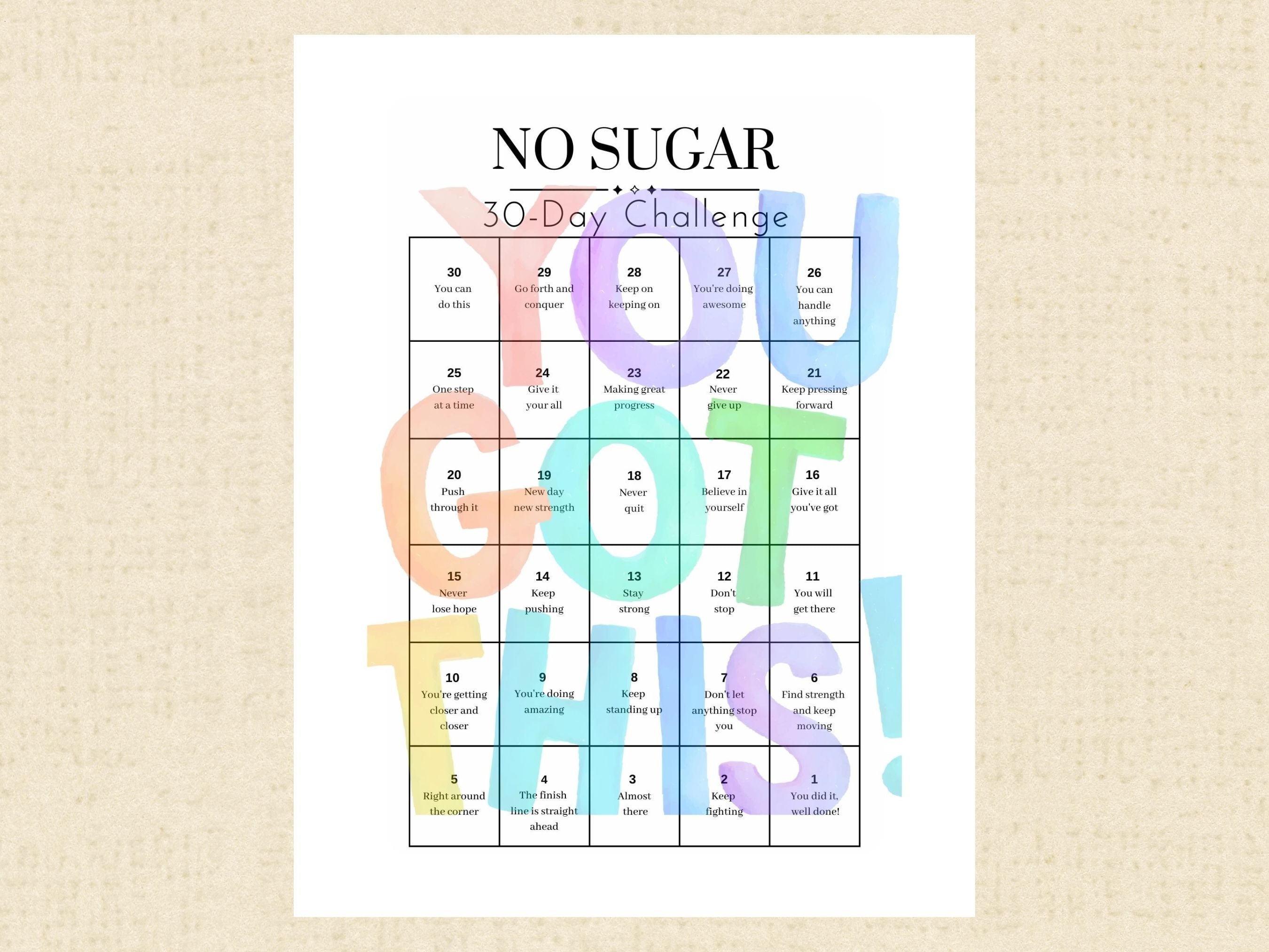 30-day No Sugar Challenge Countdown Calendar Tracker Printable, Sugar ...