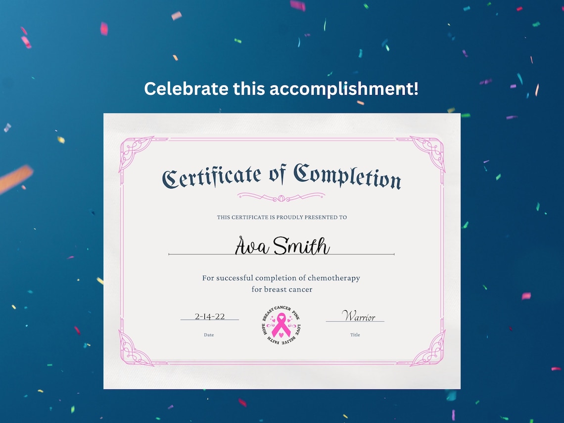 Breast Cancer Chemo Treatment Completion Certificate - Instant Download ...