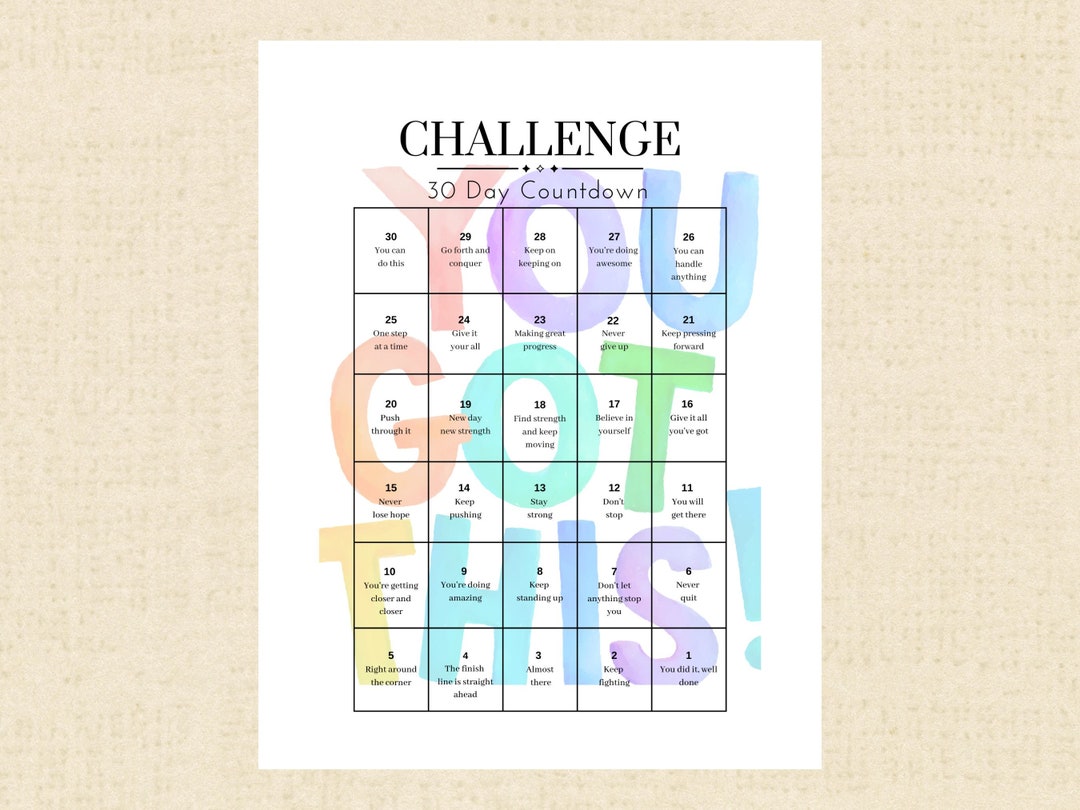 30-day Challenge Countdown Crush Your Goals Calendar Printable- Daily ...