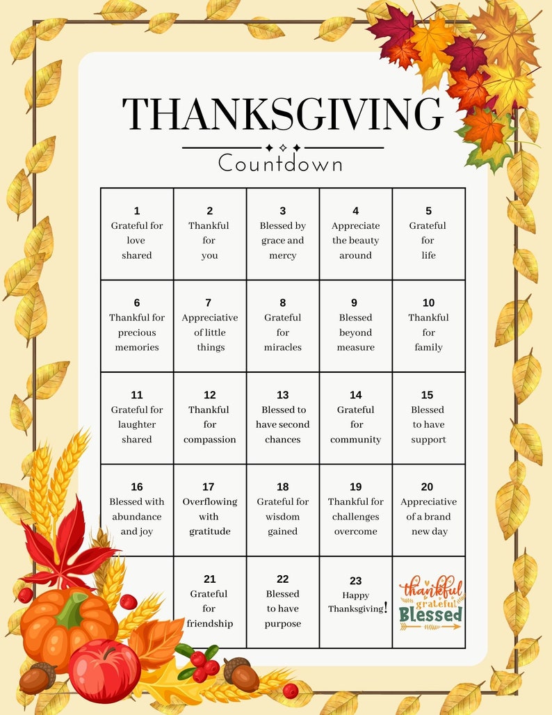 Thanksgiving Countdown Calendar Printable, Daily Quotes of Gratitude ...