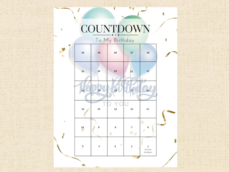 Birthday Countdown Calendar Instant Download Printable PDF, Milestone ...