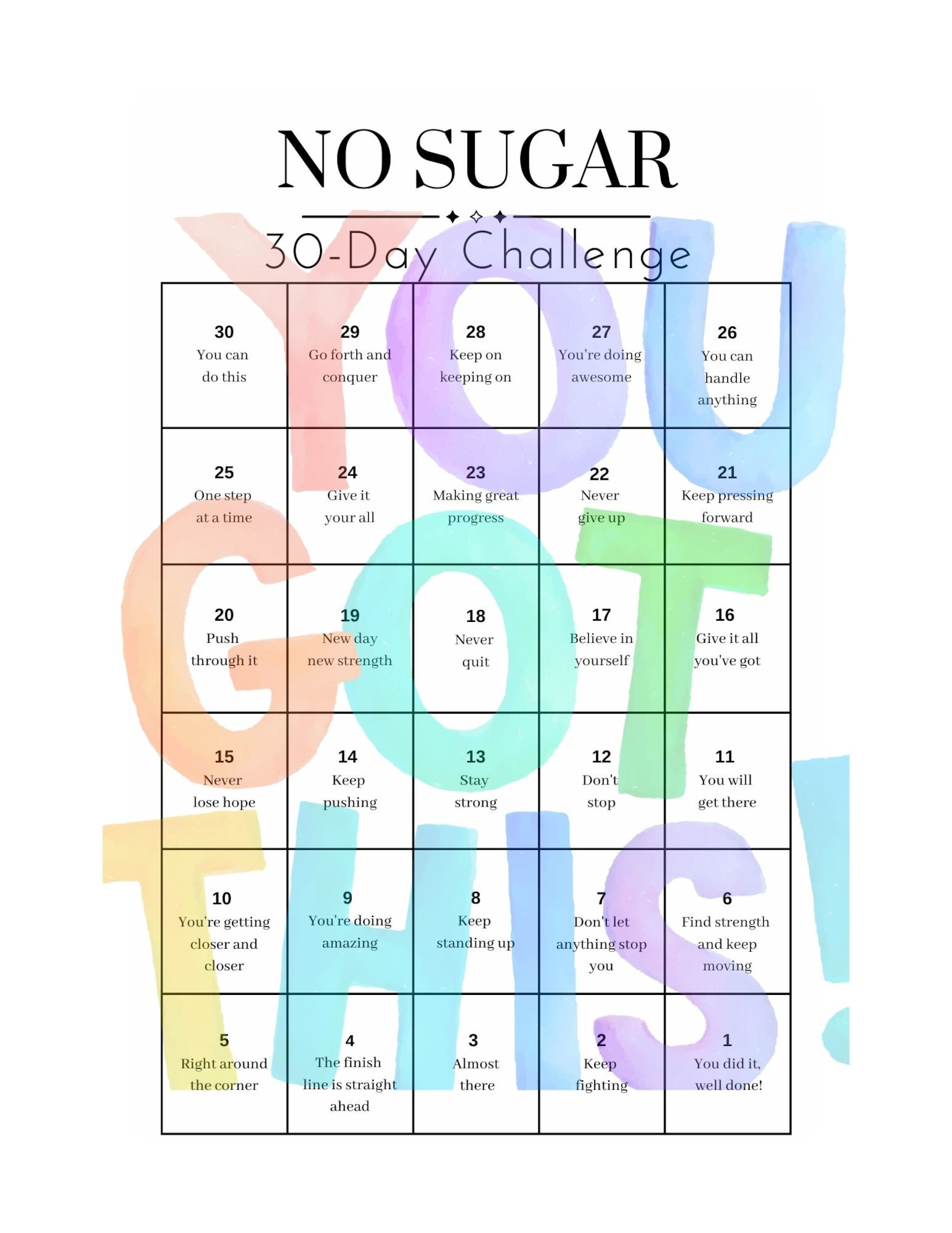 30-day No Sugar Challenge Countdown Calendar Tracker Printable, Sugar ...