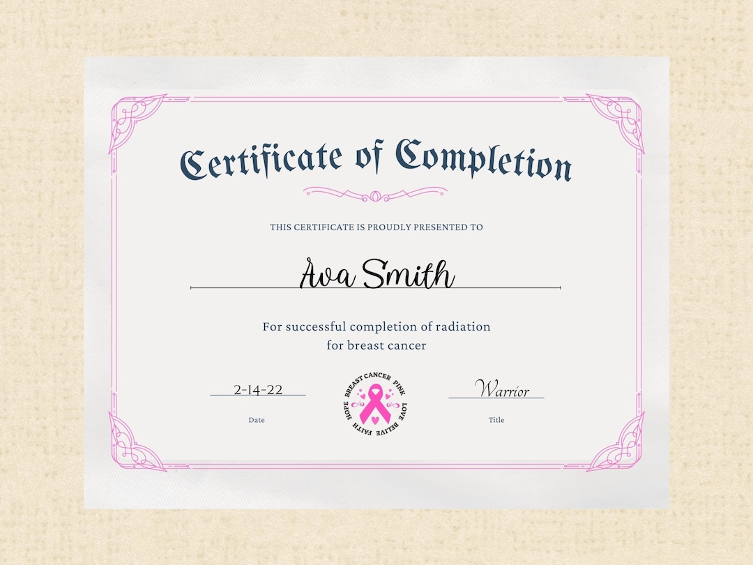 Breast Cancer Radiation Treatment Completion Certificate - Instant ...