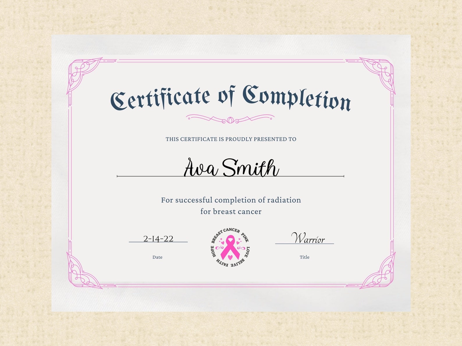 Breast Cancer Radiation Treatment Completion Certificate - Instant ...
