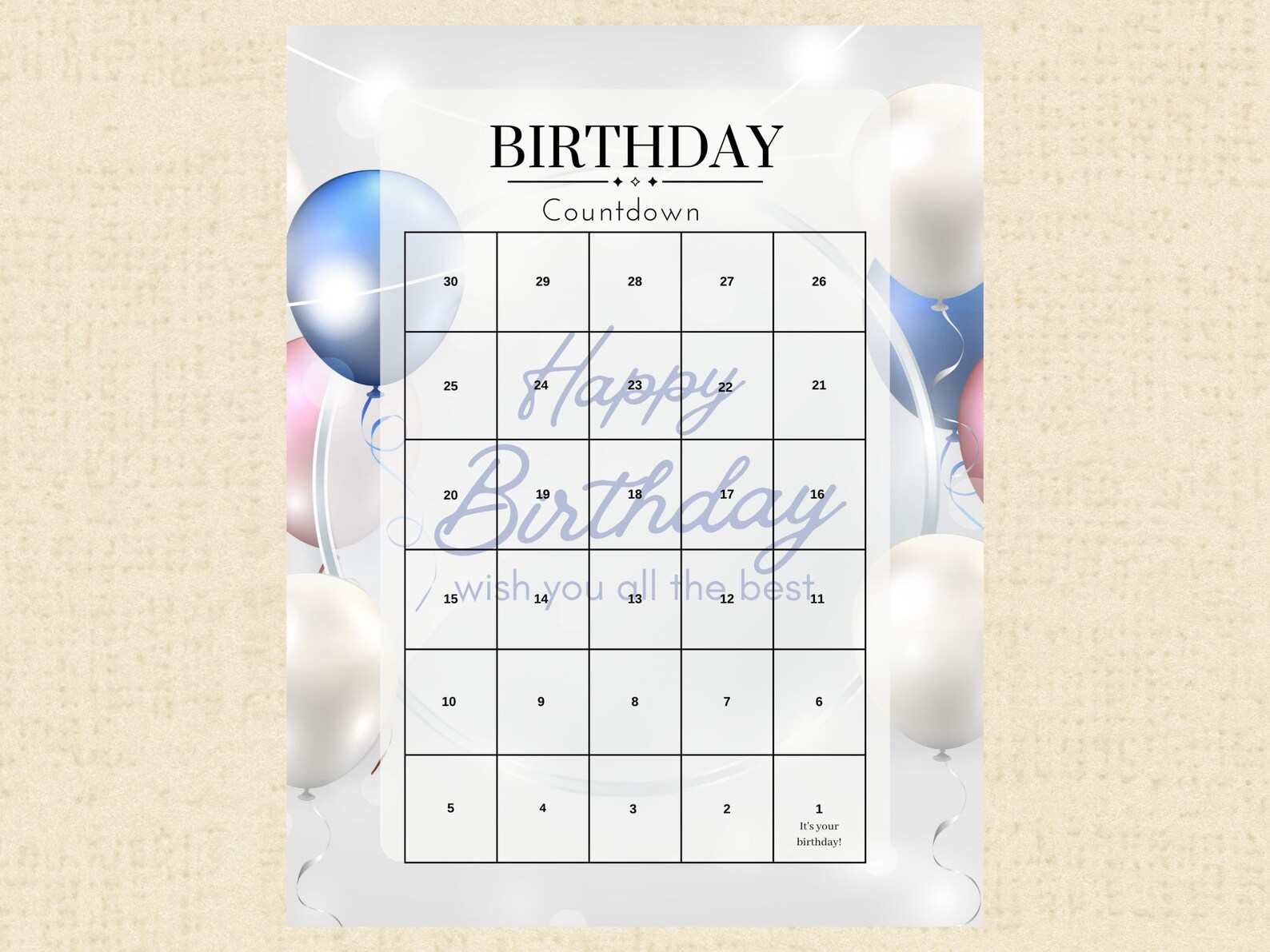 Birthday Countdown Calendar Instant Download Printable PDF, Milestone ...