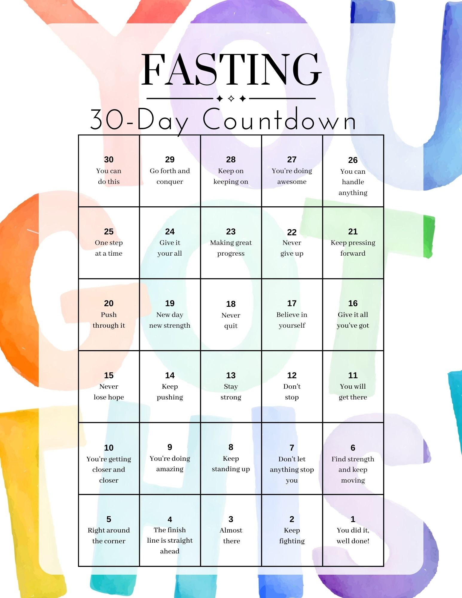 Fasting 30 Day Challenge Countdown Calendar Tracker Printable; Daniel ...