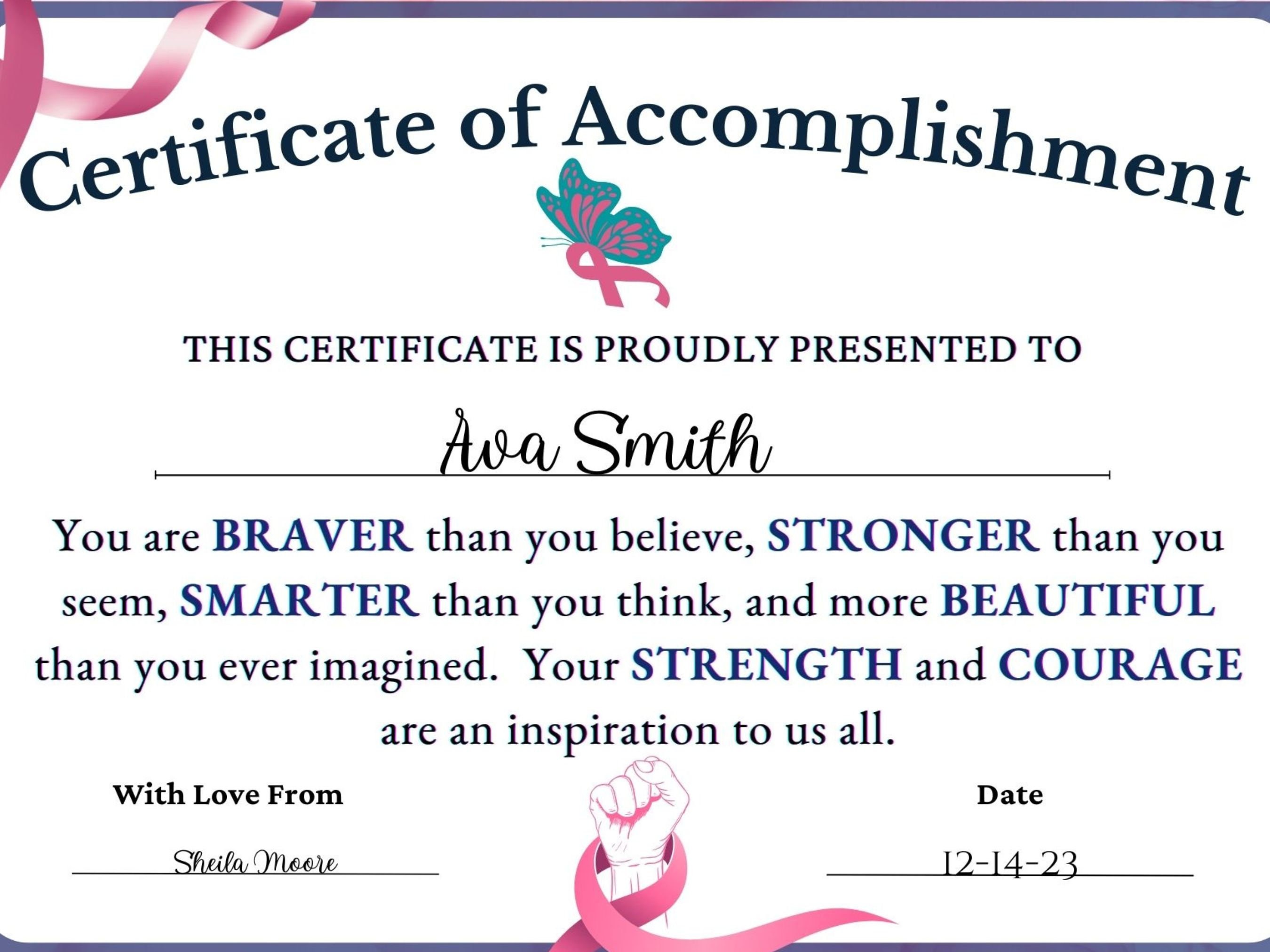 Breast Cancer Fighter Appreciation Certificate Printable | Cancer Free ...