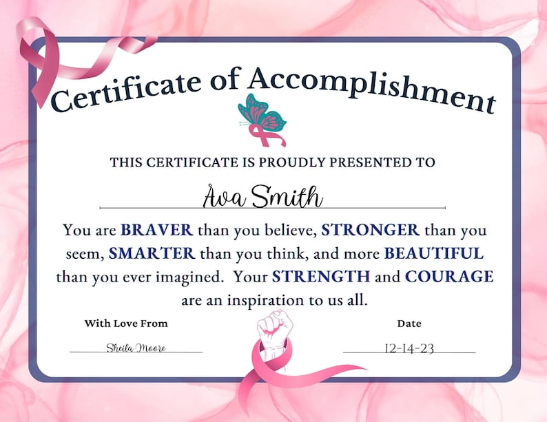 Breast Cancer Fighter Appreciation Certificate Printable | Cancer Free ...
