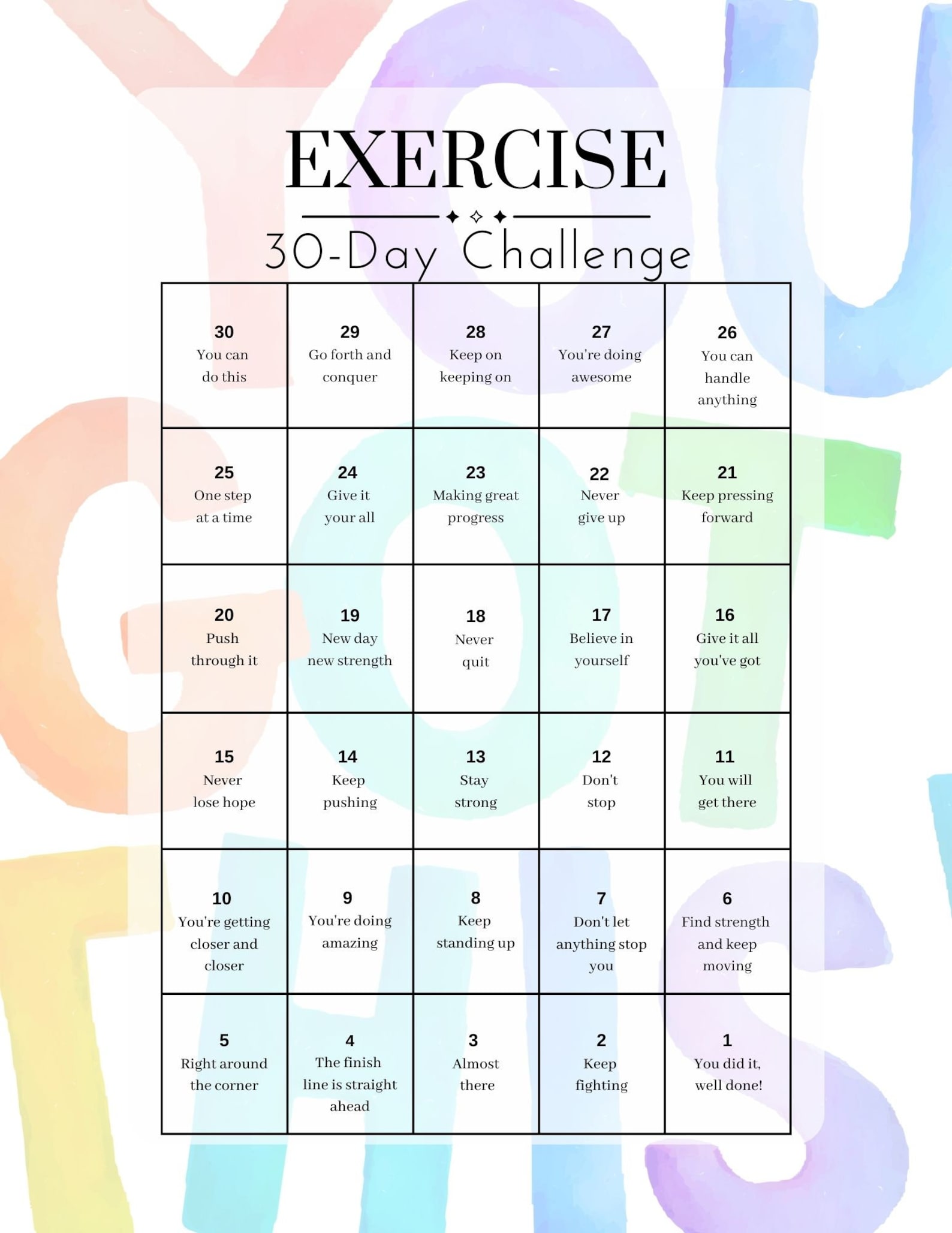 30-day Exercise Challenge Countdown Calendar Printable, Exercise ...