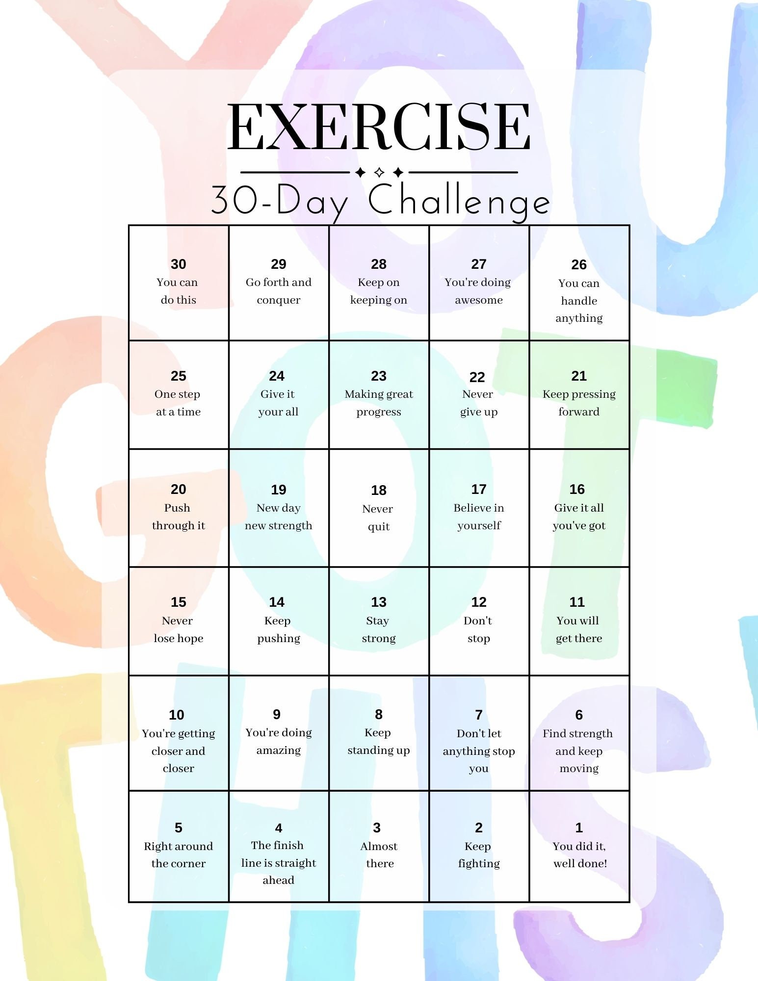 30-day Exercise Challenge Countdown Calendar Printable, Exercise ...