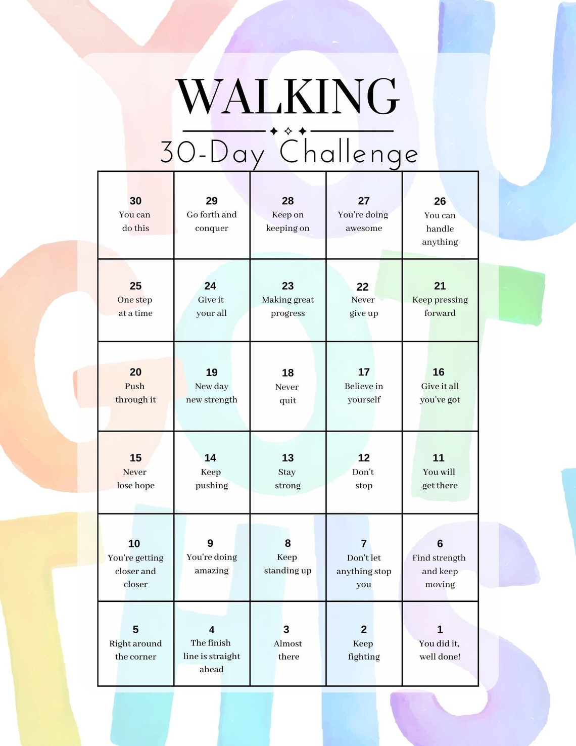 30-day Walking Challenge Countdown Calendar Printable, Walking for ...