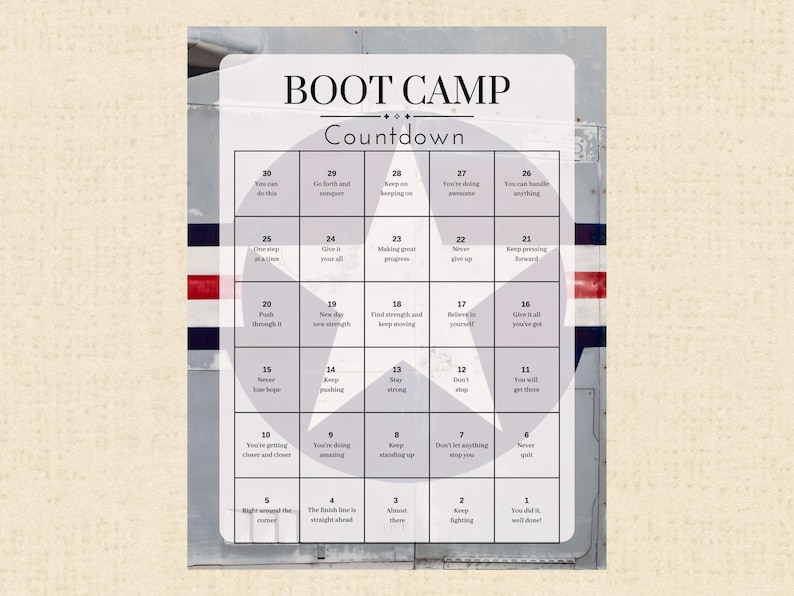 Boot Camp 30-day Daily Countdown Calendar Printable- Daily Affirmations Instant Download PDF ...