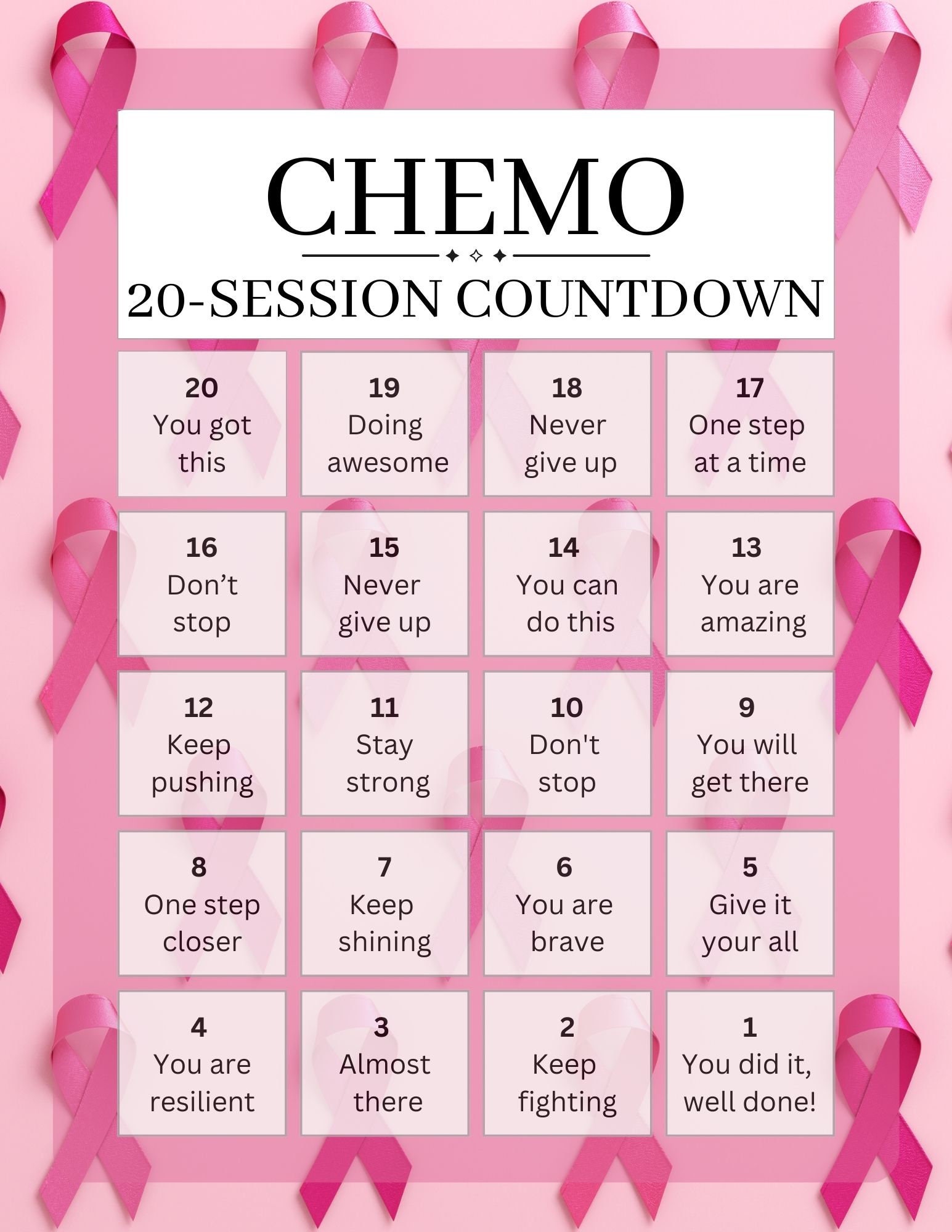 20-session Breast Cancer Chemo Treatment Countdown Calendar Printable ...