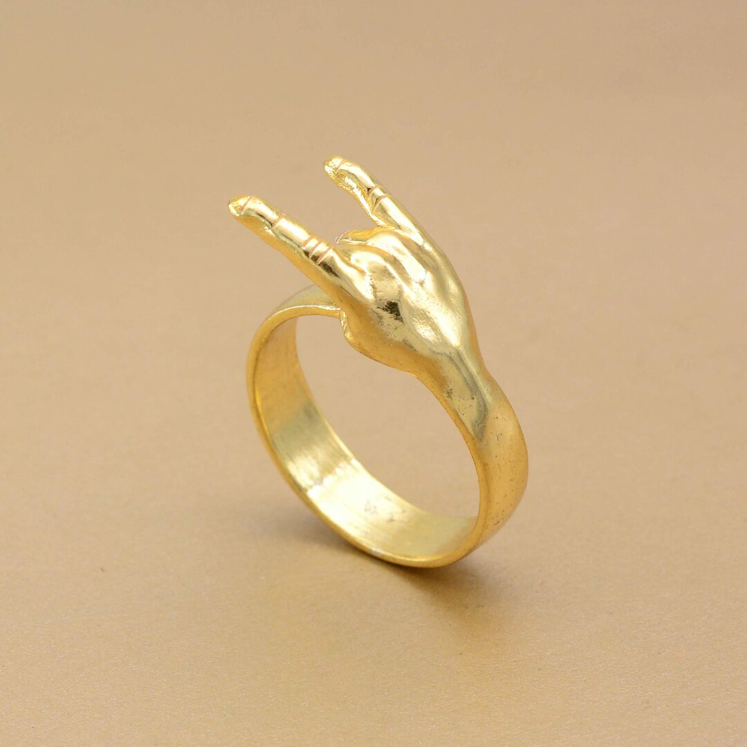 Brass Hand Gesture Ring – Rock on Symbol Statement Band - Etsy