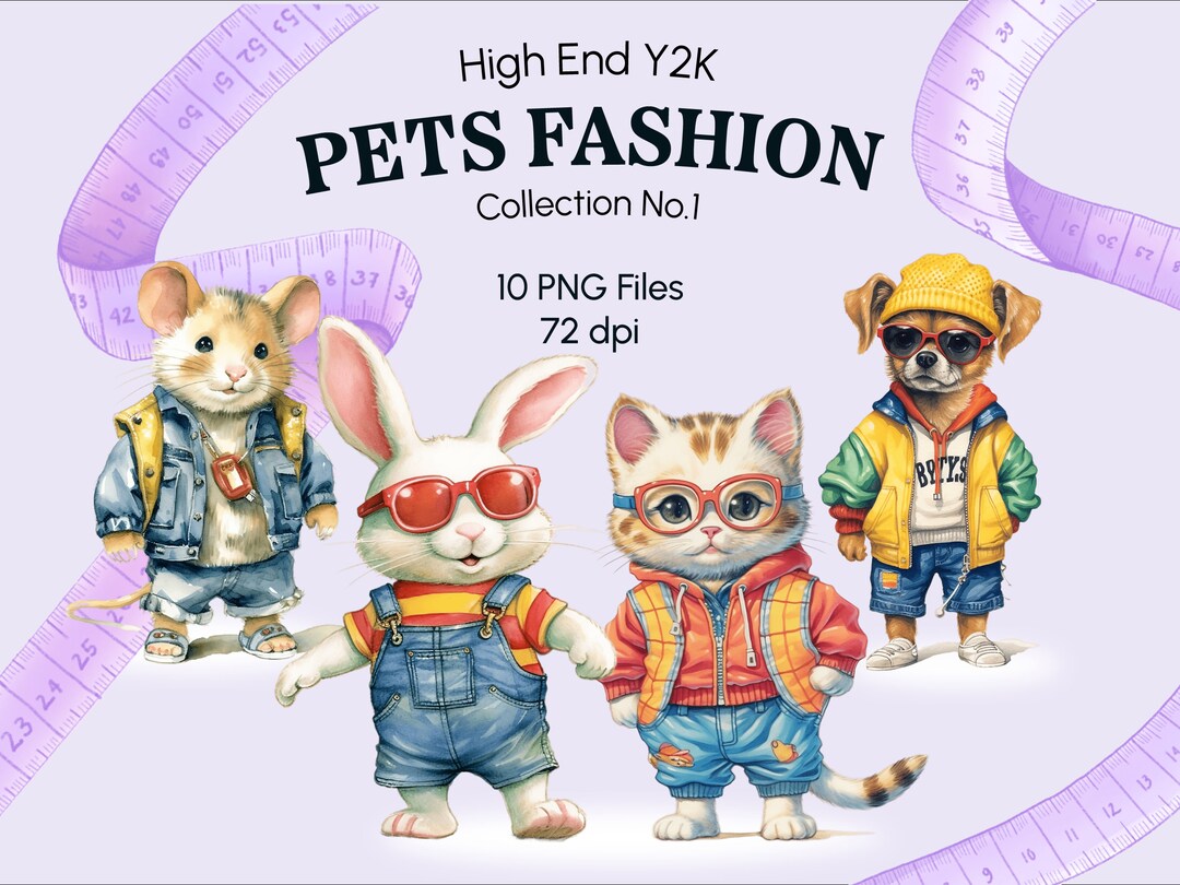 Exclusive Collection: High-end Y2K Pets Fashion Clipart, 10 Drawn Pet ...