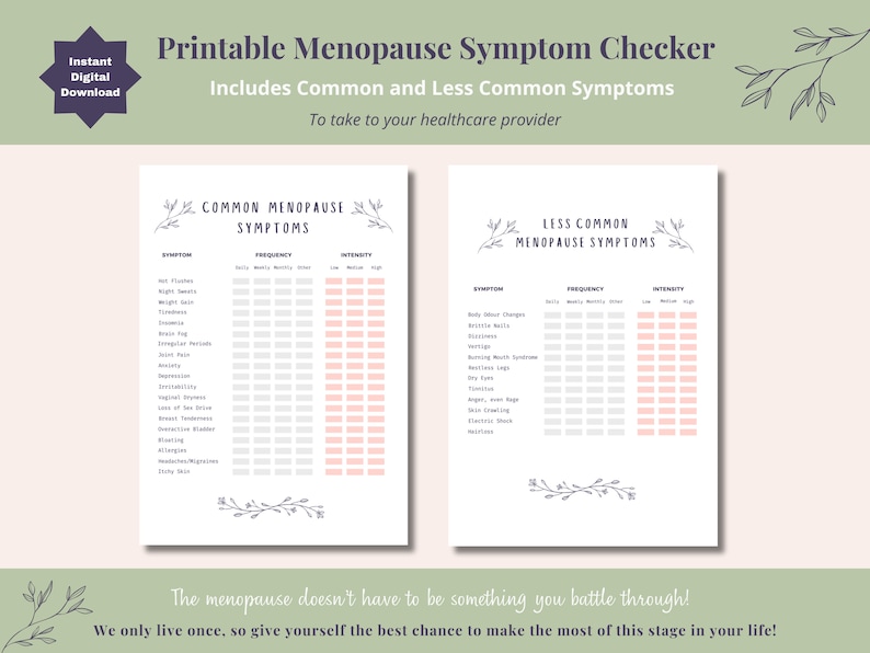Printable Menopause Symptom Checker / Tracker for Common and Less Common Symptoms in ...