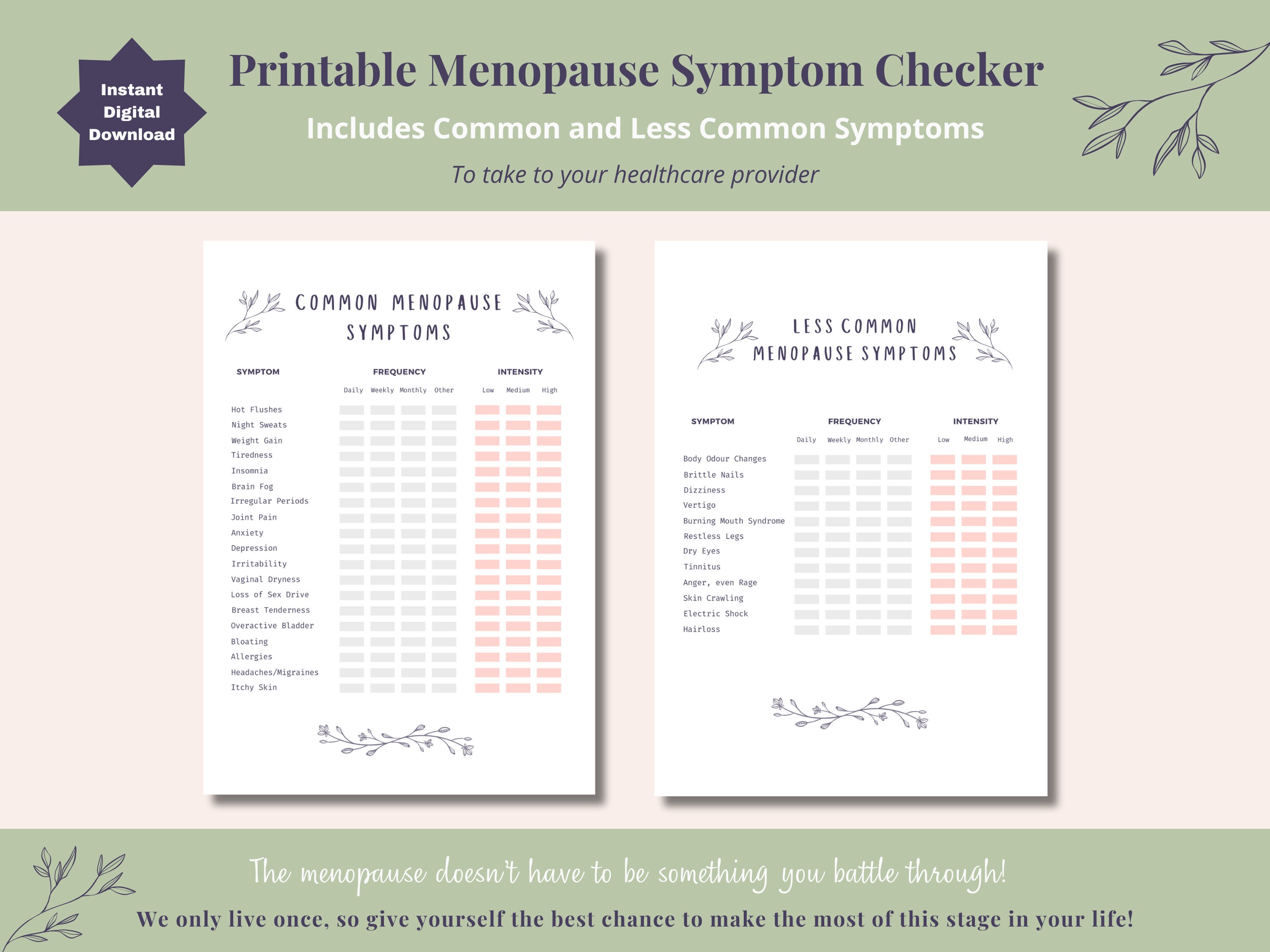 Printable Menopause Symptom Checker / Tracker for Common and Less Common Symptoms in ...