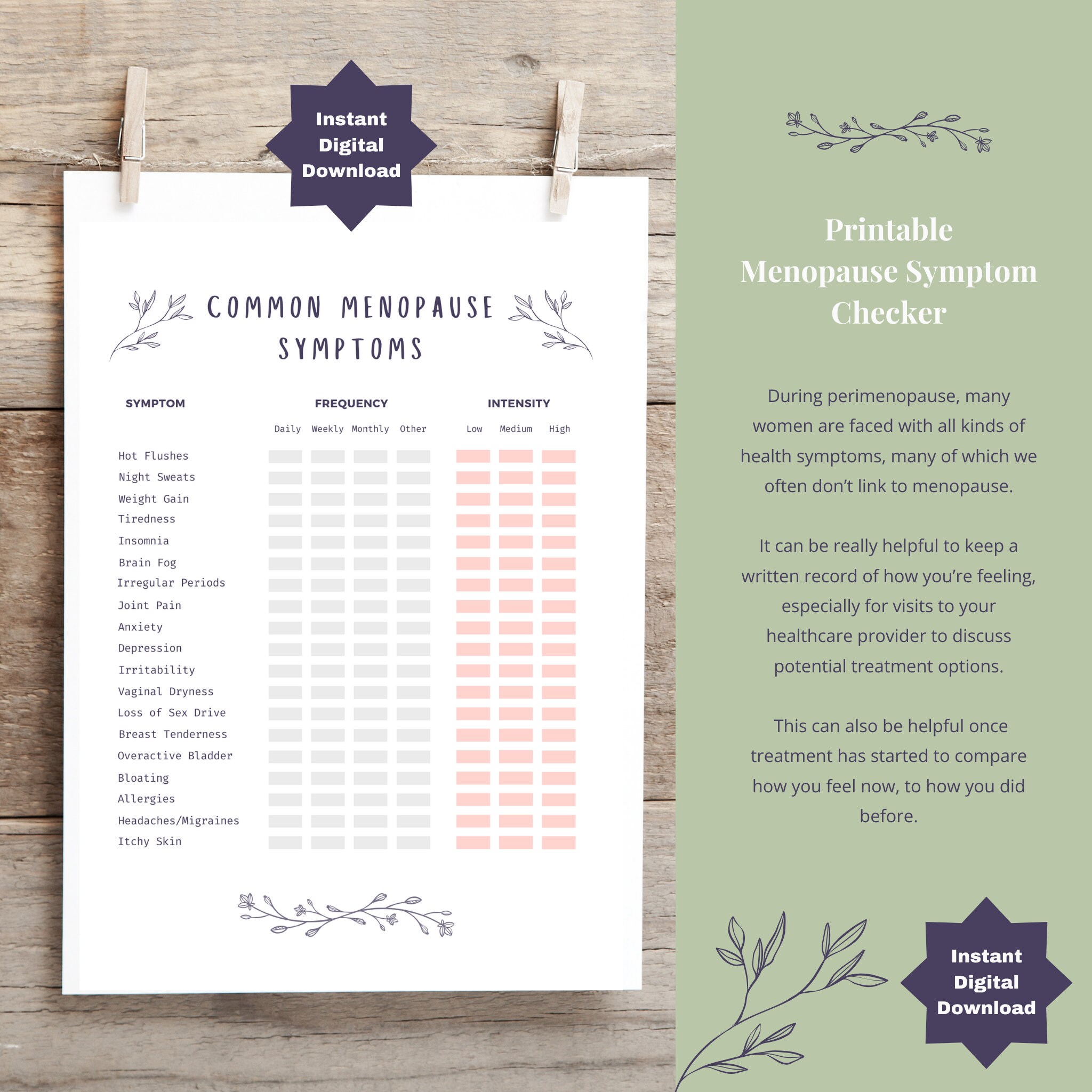 Printable Menopause Symptom Checker / Tracker for Common and Less Common Symptoms in ...