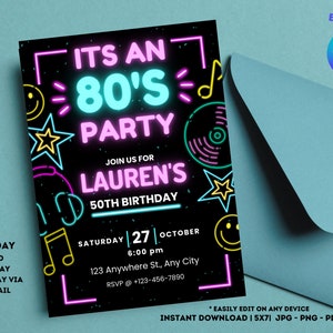 80's Neon Theme Birthday Invitation| Back to the 80s| Decades Party ...