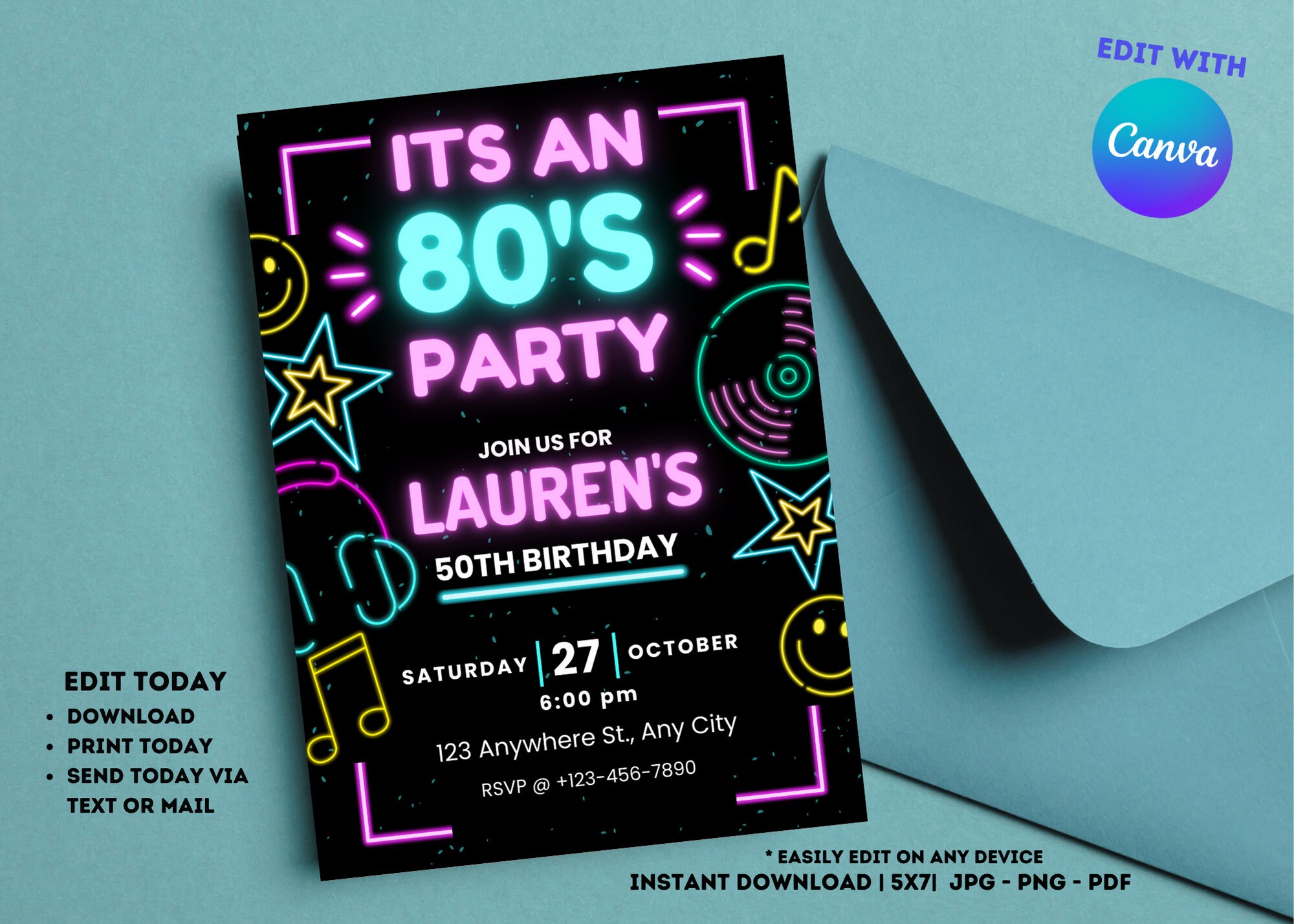 80's Neon Theme Birthday Invitation Back to the 80s - Etsy