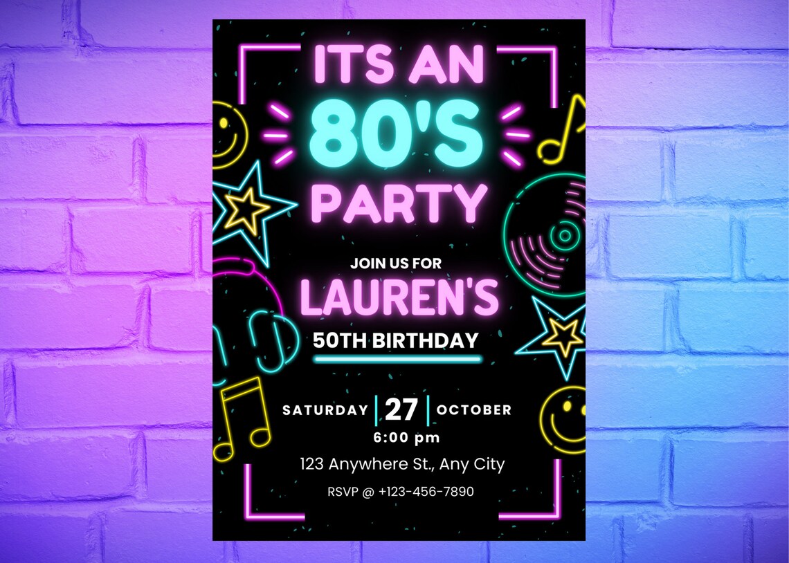 80's Neon Theme Birthday Invitation Back to the 80s - Etsy