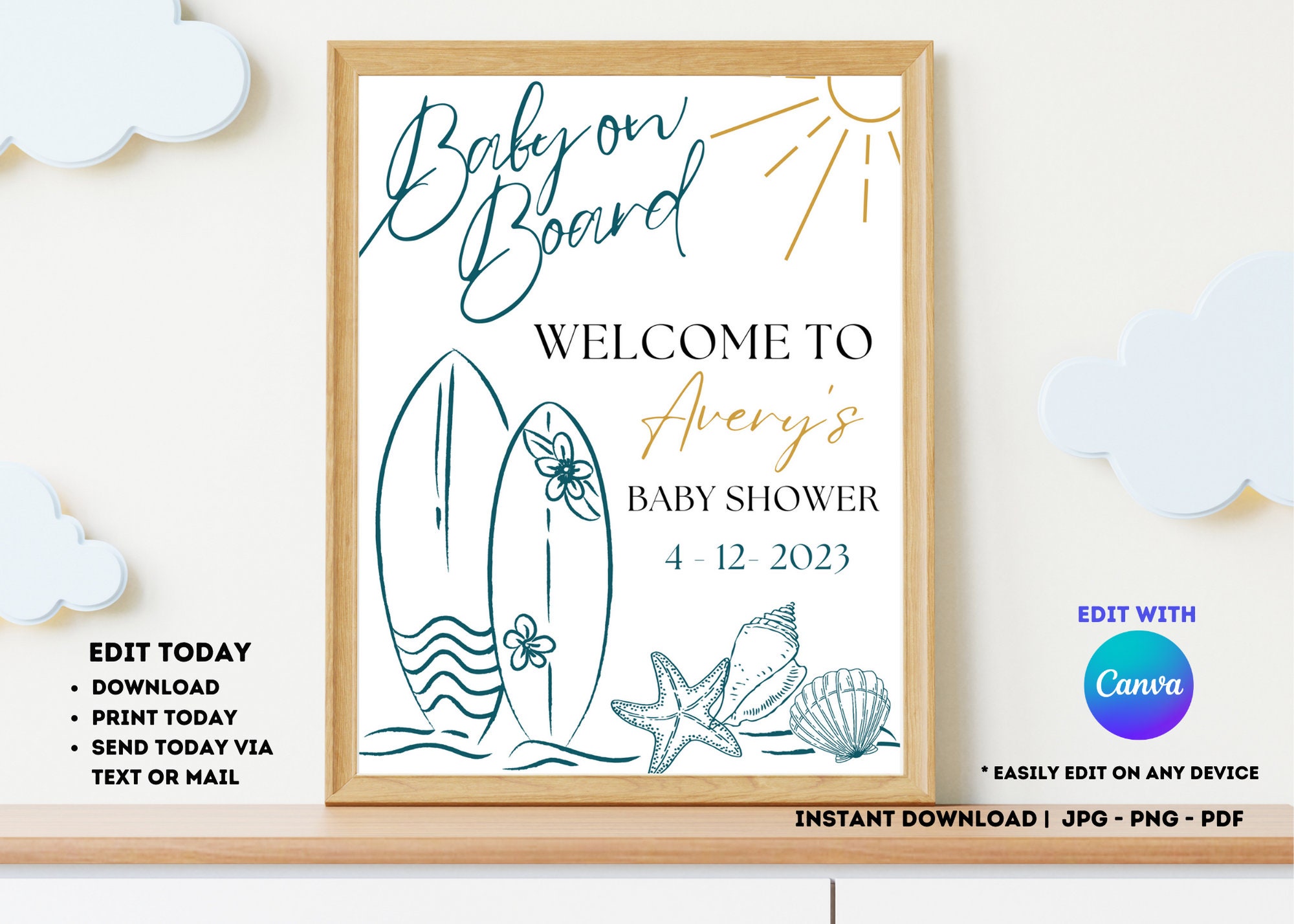 Baby on Board Welcome Sign Surf Beach Baby Shower Welcome Sign Template ...