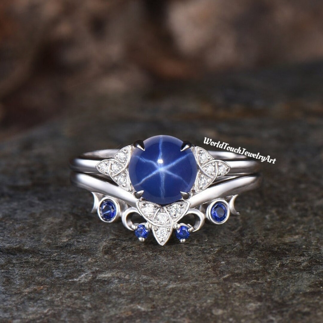 Round Star Sapphire Engagement Ring Set Blue Sapphire Wedding Ring ...