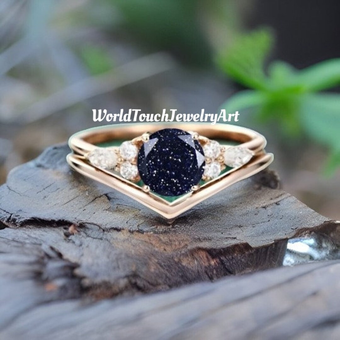Unique Blue Sandstone Engagement Ring Set Gold Plated Ring Set Ring ...