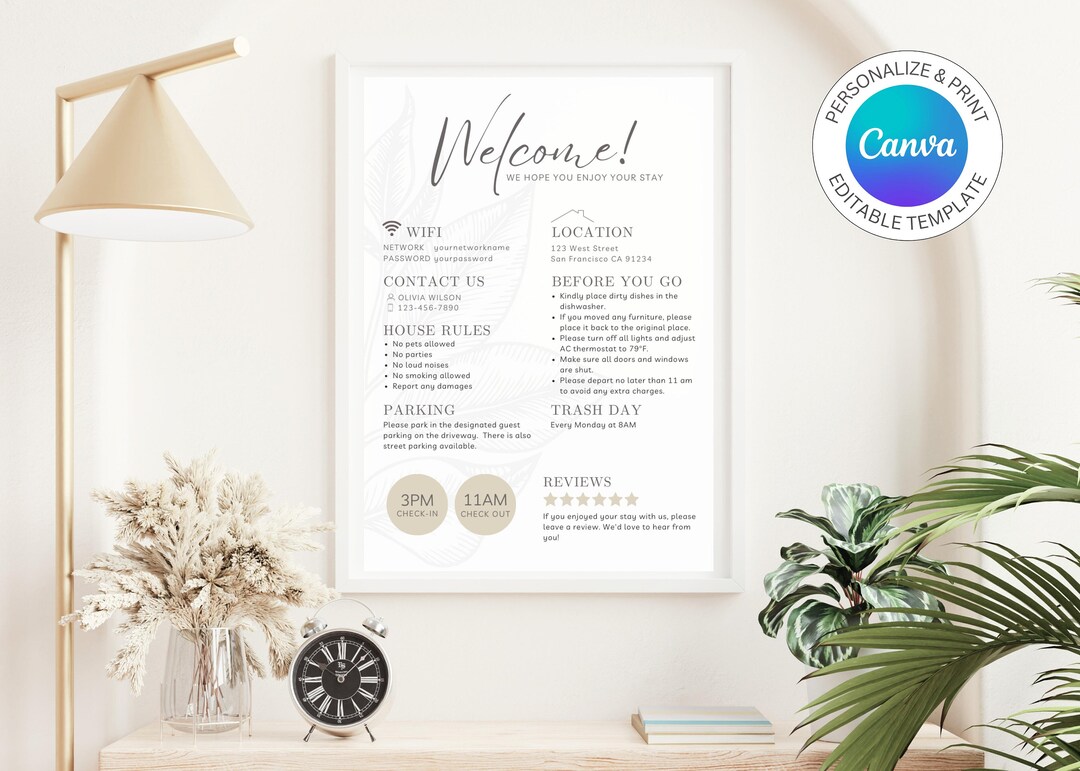 Airbnb Guest Arrival Poster Things to Know Wifi Template for VRBO ...